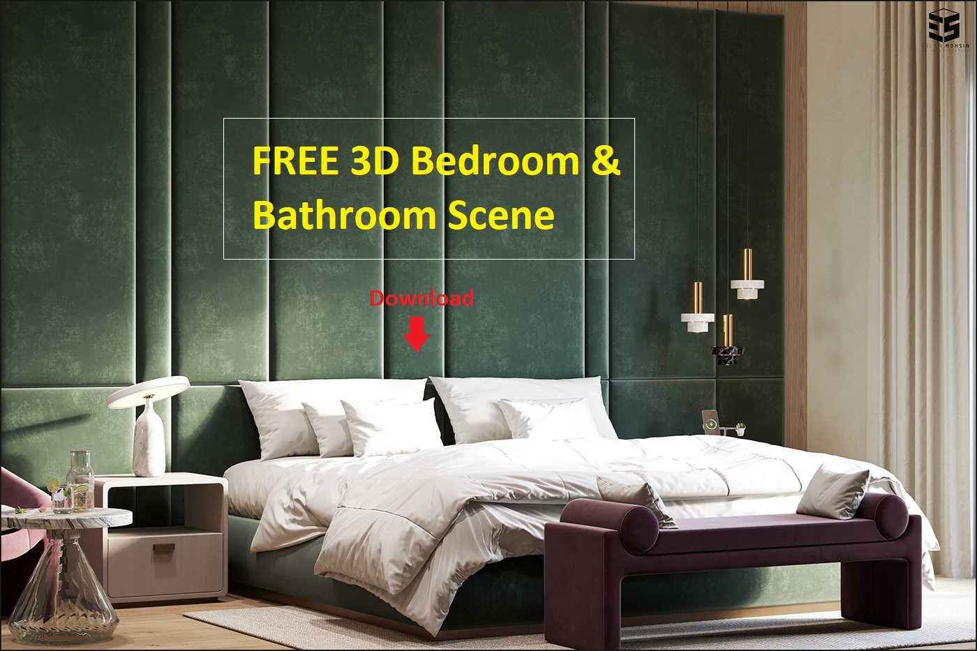 FREE 3D Bedroom & Bathroom Scene – 3DTEAMZ